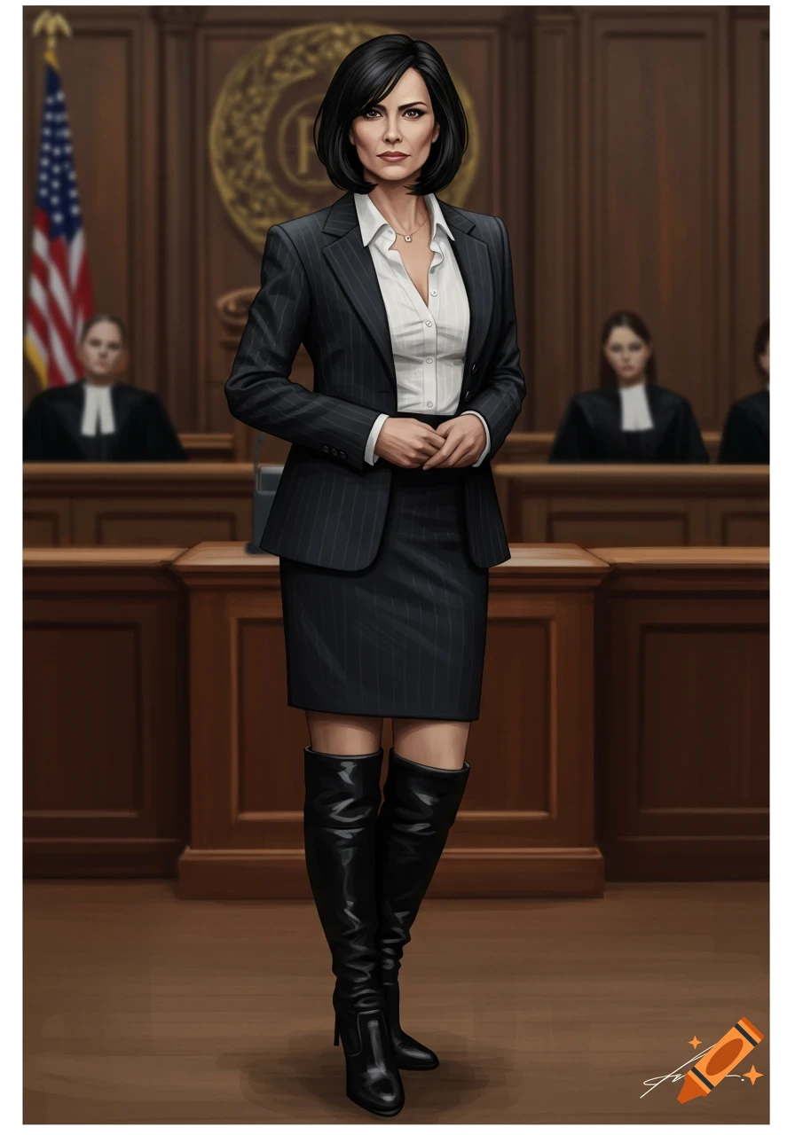 An illustration of a female trial lawyer in a black pinstripe suit and ...