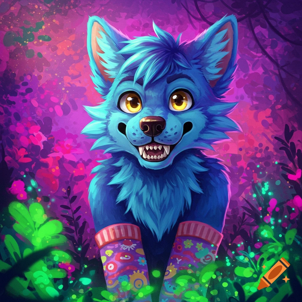 A vibrant, cartoon-style illustration of a cute blue furry wolf ...