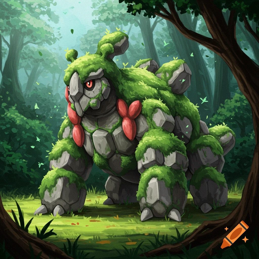 A large, moss-covered rock creature with red eyes stands in a vibrant ...