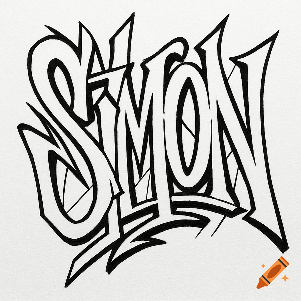 Graffiti style lettering spelling SIMON in black and white on a white ...