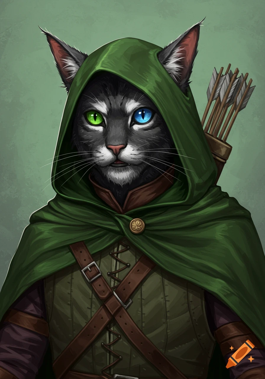 A black and white catfolk ranger in a green hooded cloak with one green ...