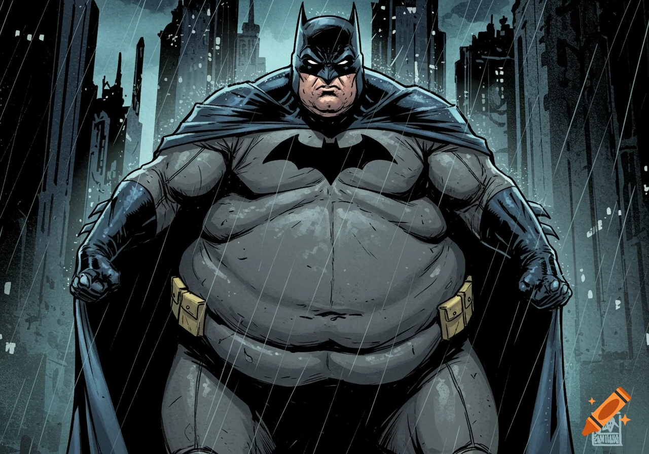 Overweight Batman stands in the rain in a dark city, comic book style ...