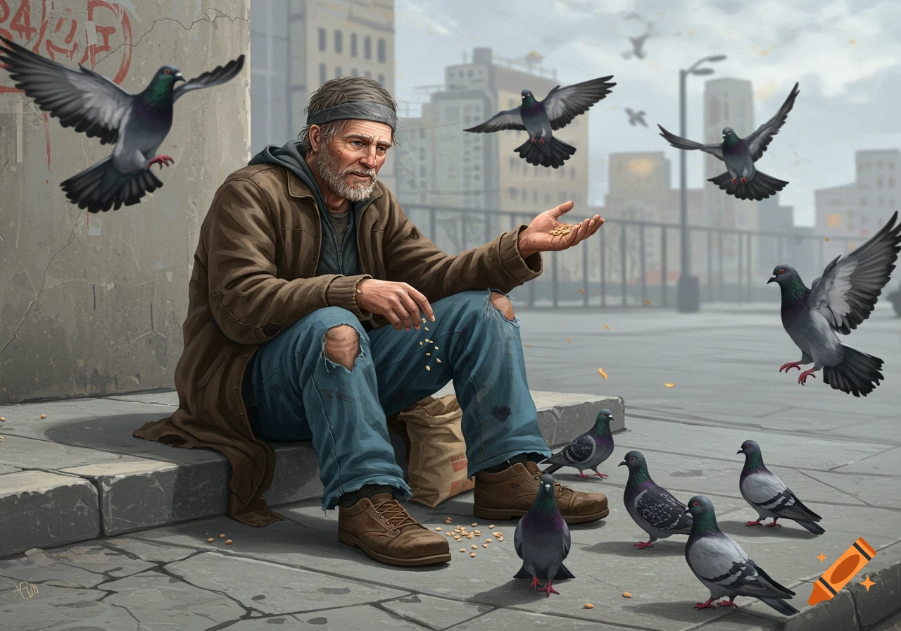 A homeless man in tattered clothes sits on a city street, feeding ...