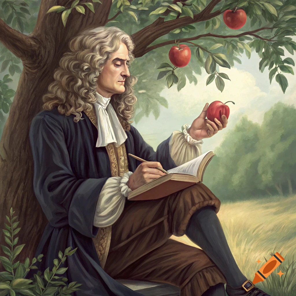 Isaac Newton sits under an apple tree, holding an apple and writing in ...