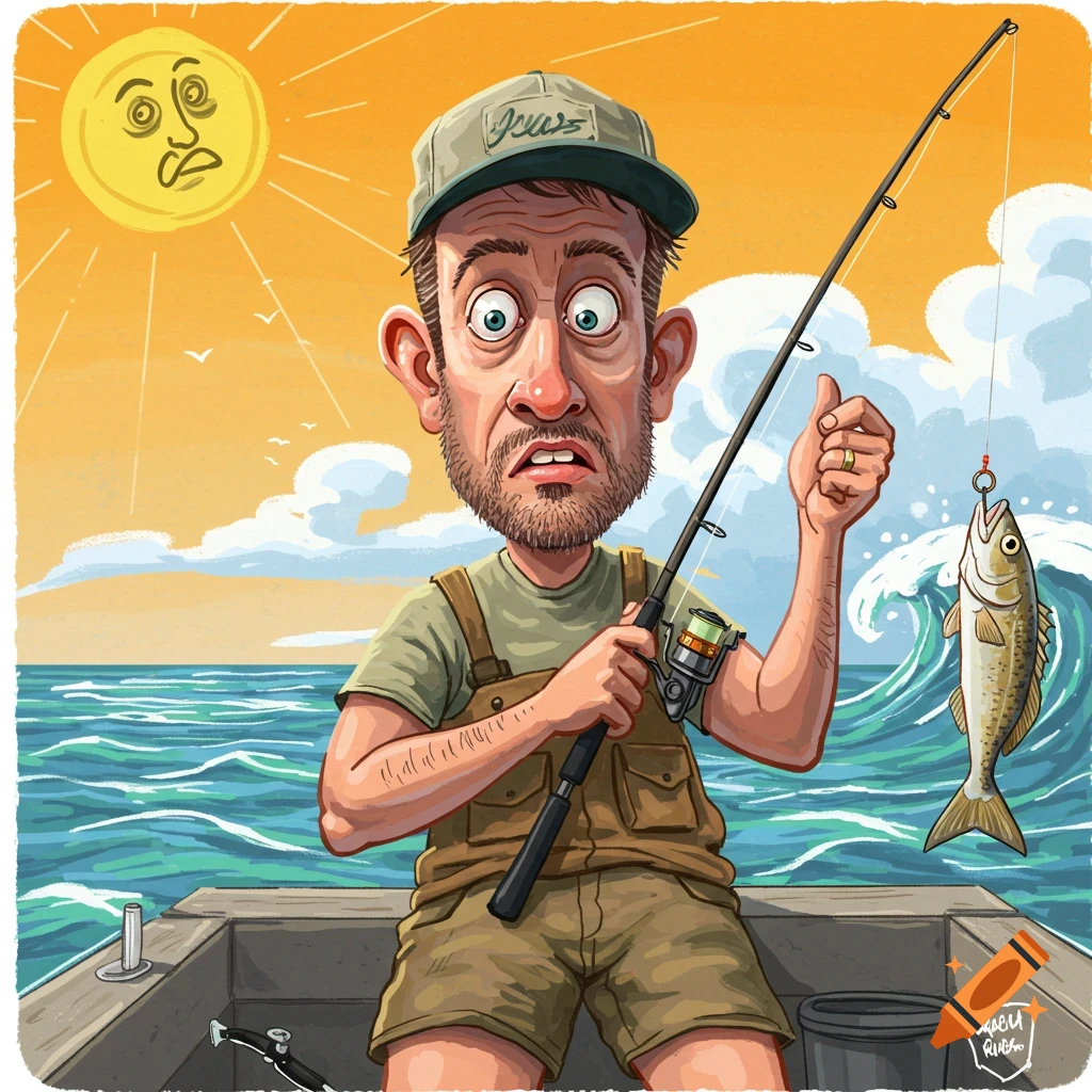 Cartoon illustration of a confused man fishing from a boat, holding a ...