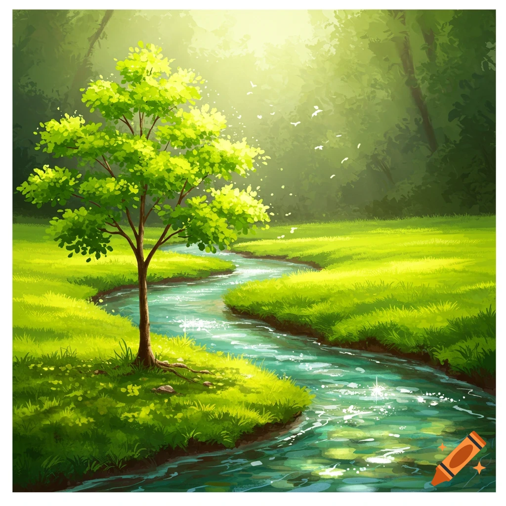 A vibrant green tree stands beside a winding blue river flowing through ...