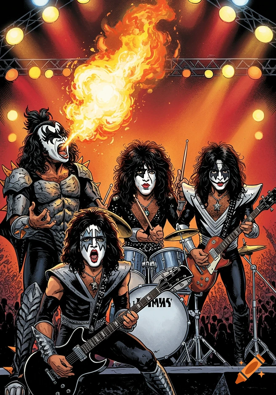 Comic book art of the band Kiss performing live on stage with makeup ...