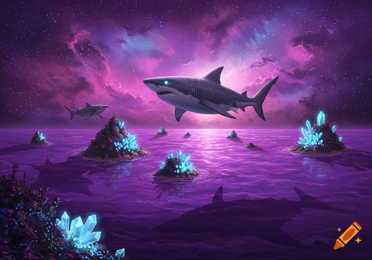 A fantastical scene with a large shark floating in a purple, star ...