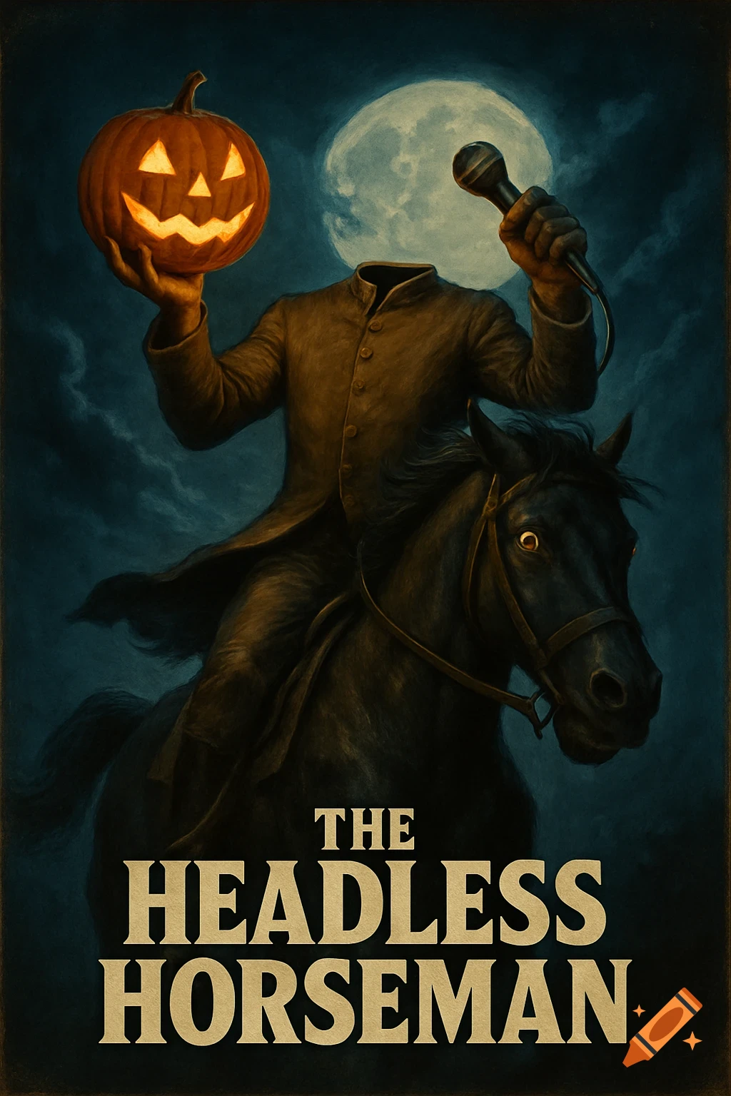 A headless horseman on a black horse holds a glowing jack-o-lantern and ...