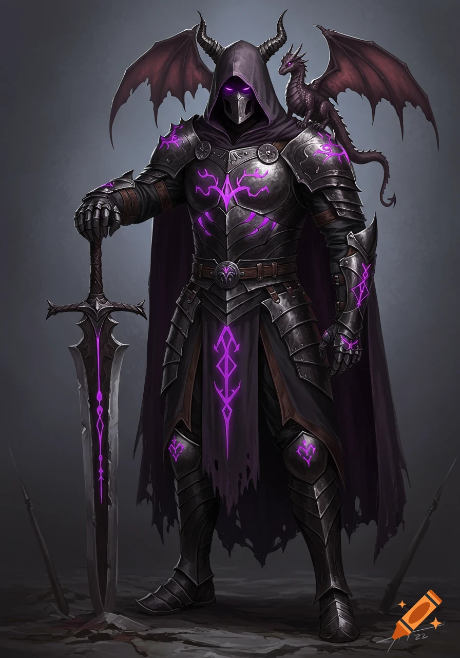 A dark fantasy knight in horned, hooded black armor with glowing purple ...