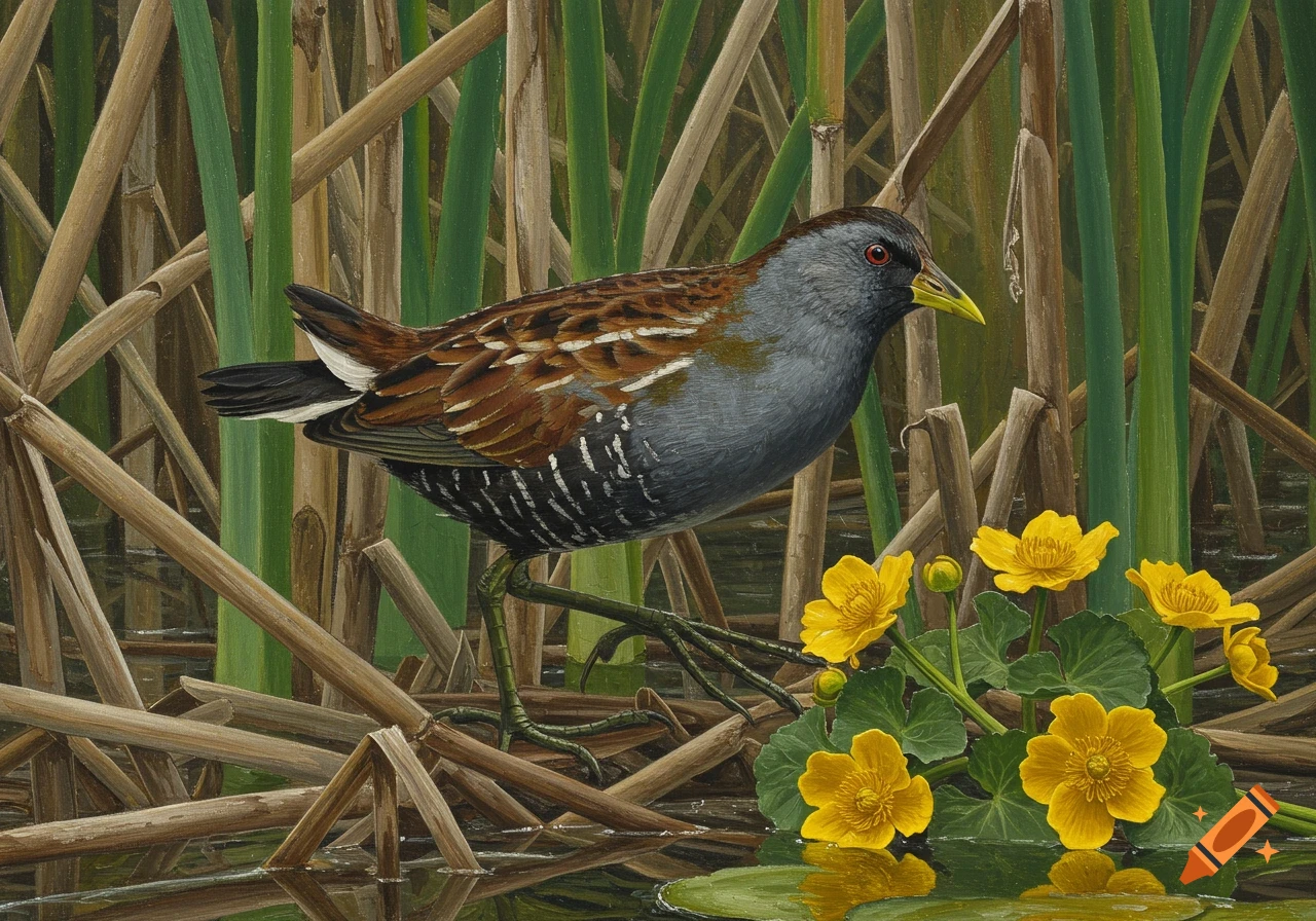 An acrylic painting of a sora bird standing in shallow water among ...