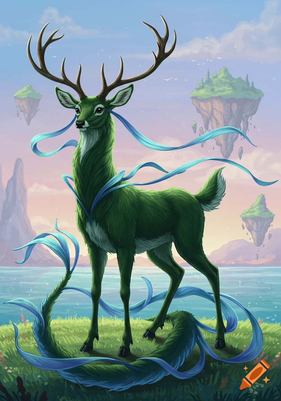 A green, furry deer with antlers and flowing blue ribbons stands on ...