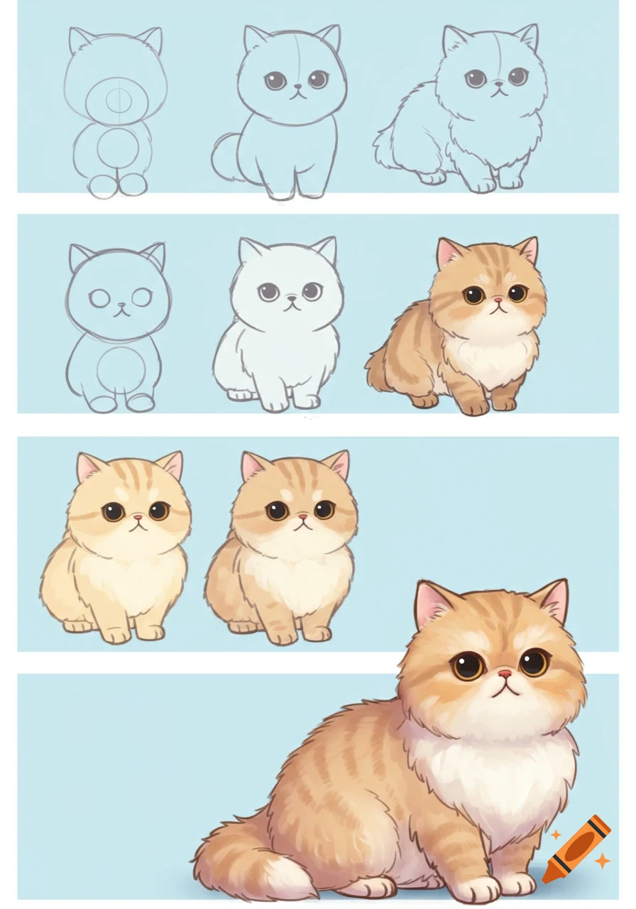 An illustration showing a step-by-step tutorial on how to draw a fluffy, brown and white tabby ...