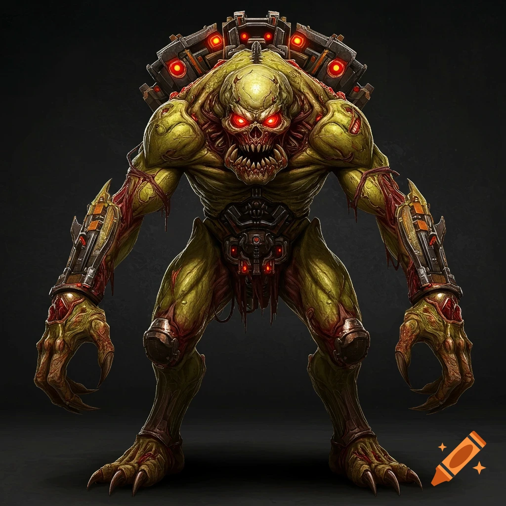 Green, muscular Doom-style monster with red glowing eyes, sharp teeth ...