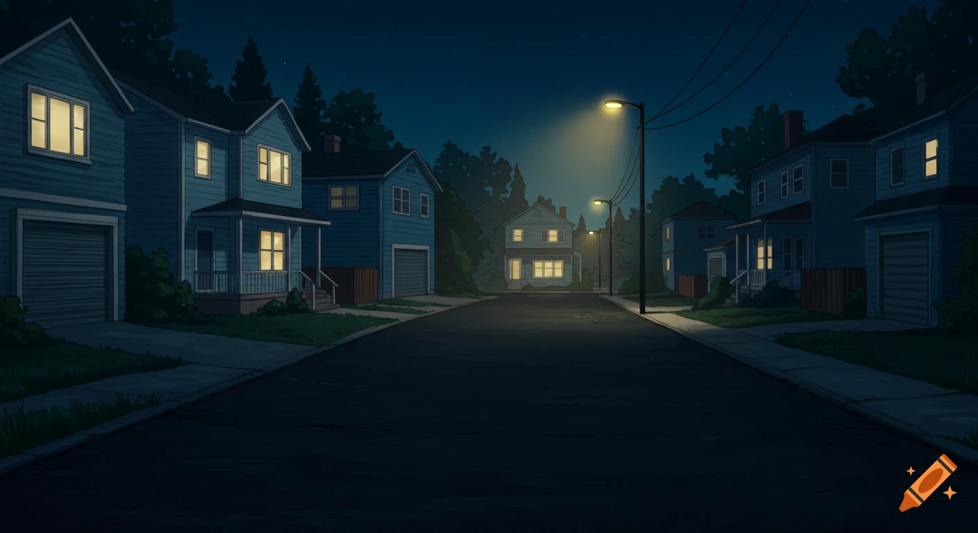 An empty suburban street at night with houses and streetlights, in an ...
