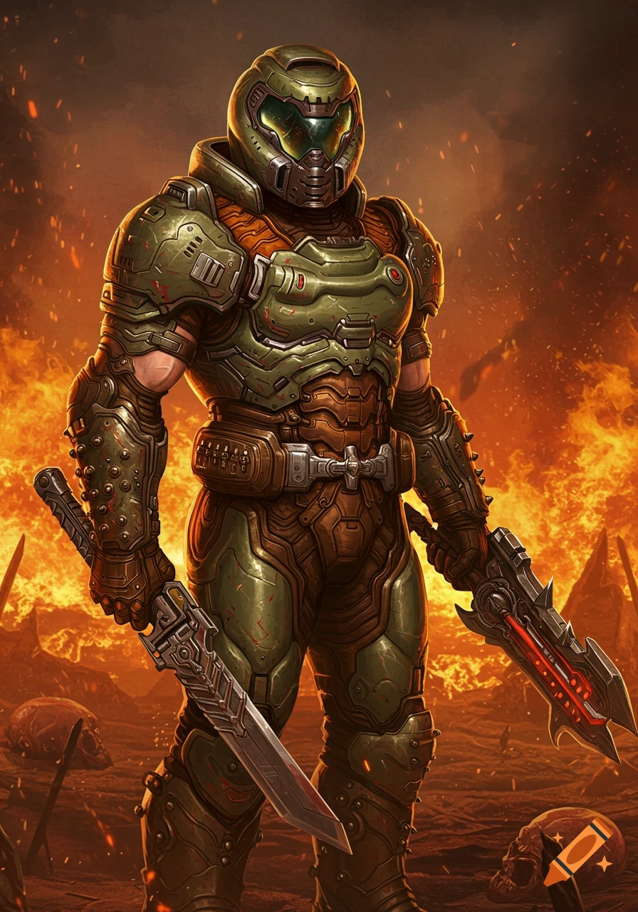 A heavily armored Doom Slayer stands in a fiery, hellish landscape ...