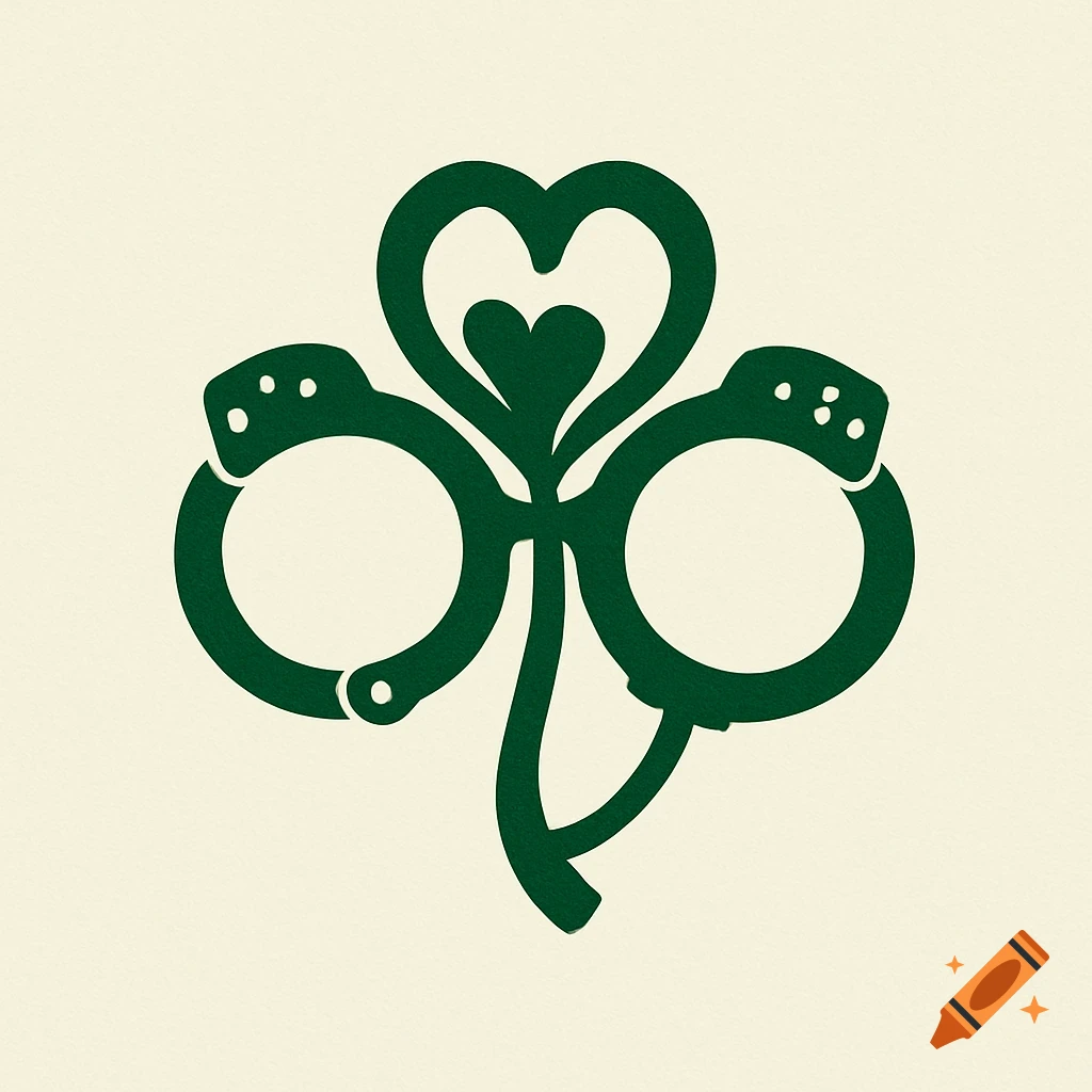 A dark green logo depicting two handcuffs arranged to form the leaves ...