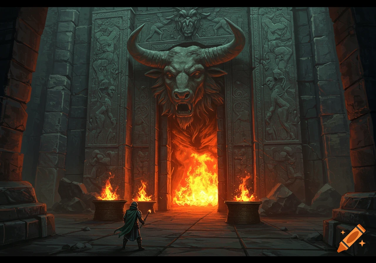 A robed figure stands before a towering minotaur statue at a fiery ...