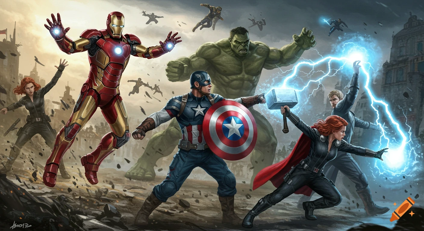 Dramatic battle scene featuring Avengers superheroes including Iron Man ...
