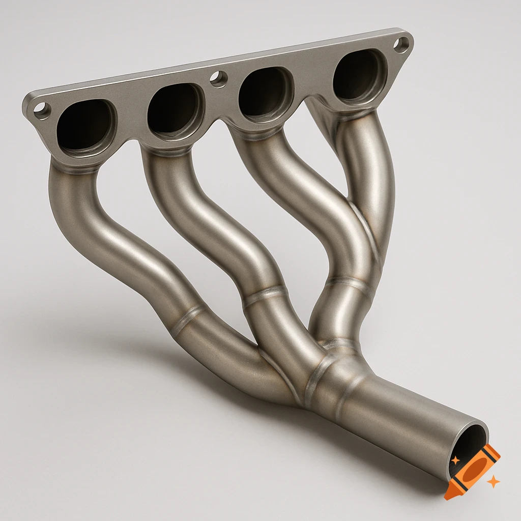 A polished stainless steel exhaust manifold with four curved pipes ...