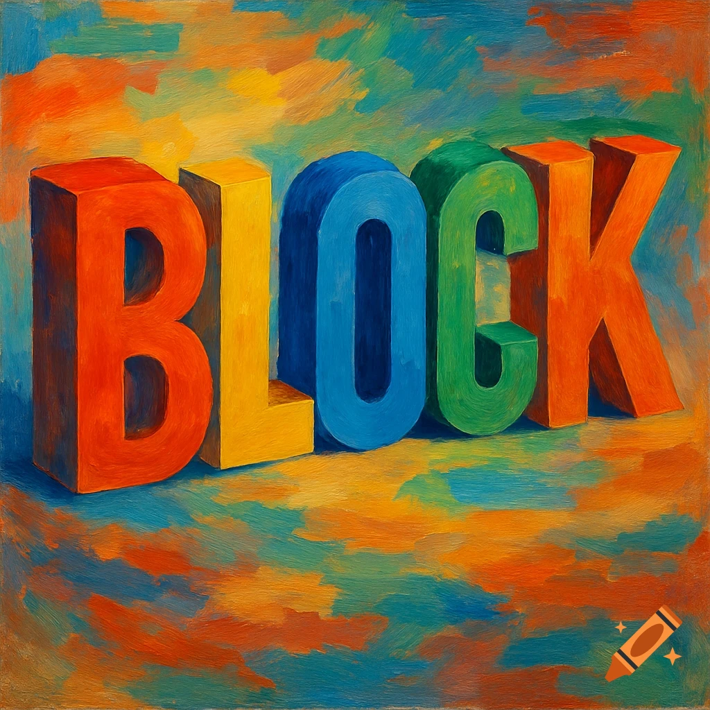 Colorful, painterly 3D block letters spell 'BLOCK' against an abstract ...