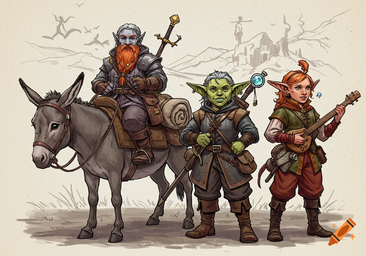 A dwarf rides a donkey, accompanied by a goblin and an elf playing a ...