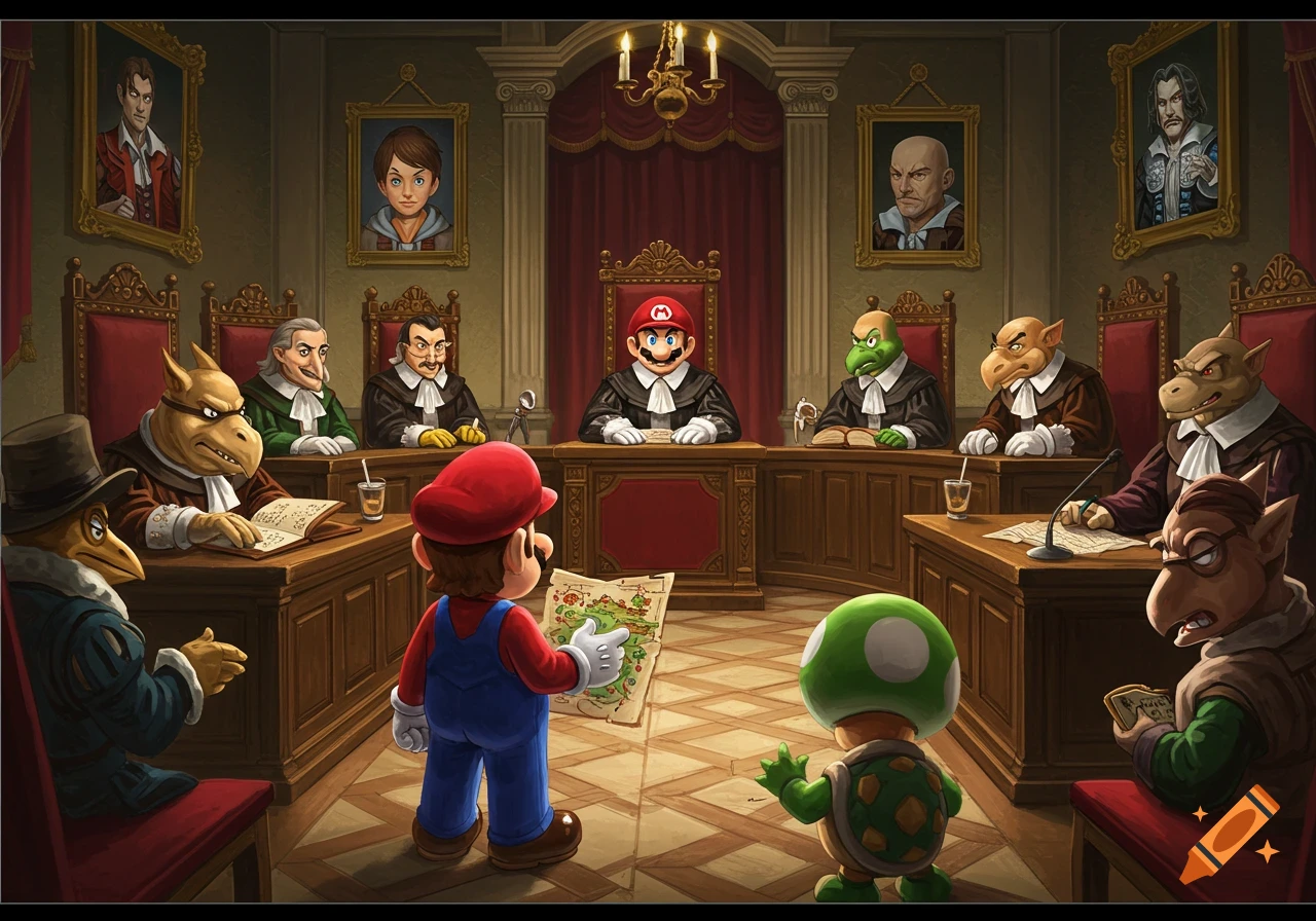 Mario on trial in a courtroom, holding a map, facing a judge and a jury ...