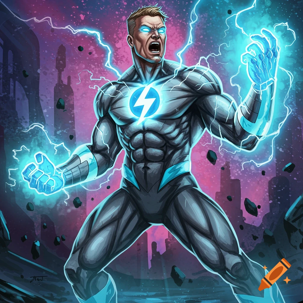 A muscular male superhero with glowing blue eyes and hands, emanating ...
