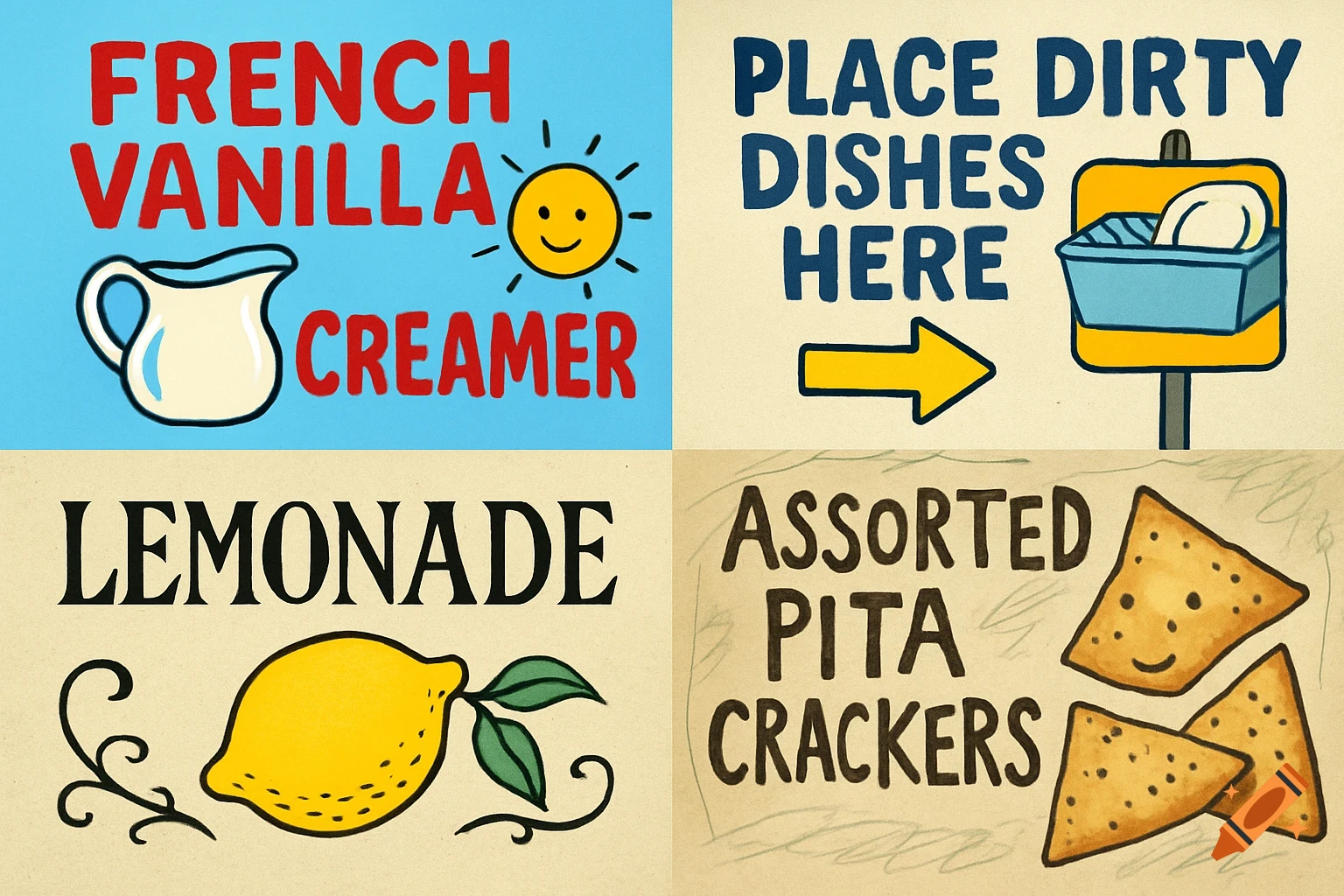 Four colorful illustrated signs: 'French Vanilla Creamer' with a jug ...