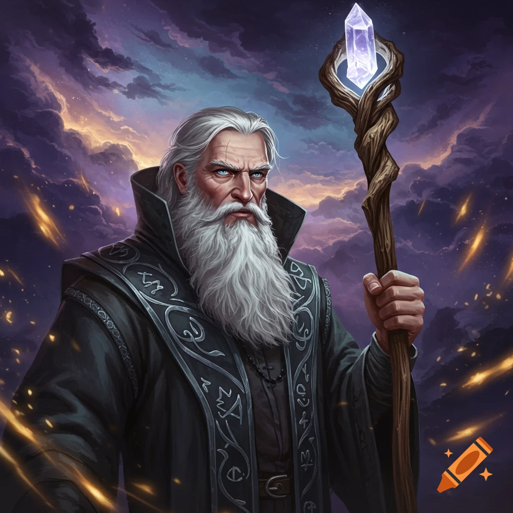 A powerful wizard with a long white beard and glowing blue eyes holds a ...