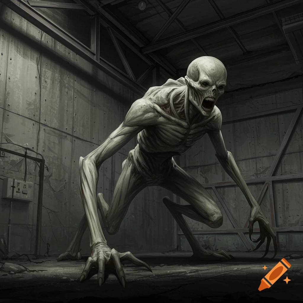 A gaunt, skeletal monster with long limbs and sharp claws crouches in a ...