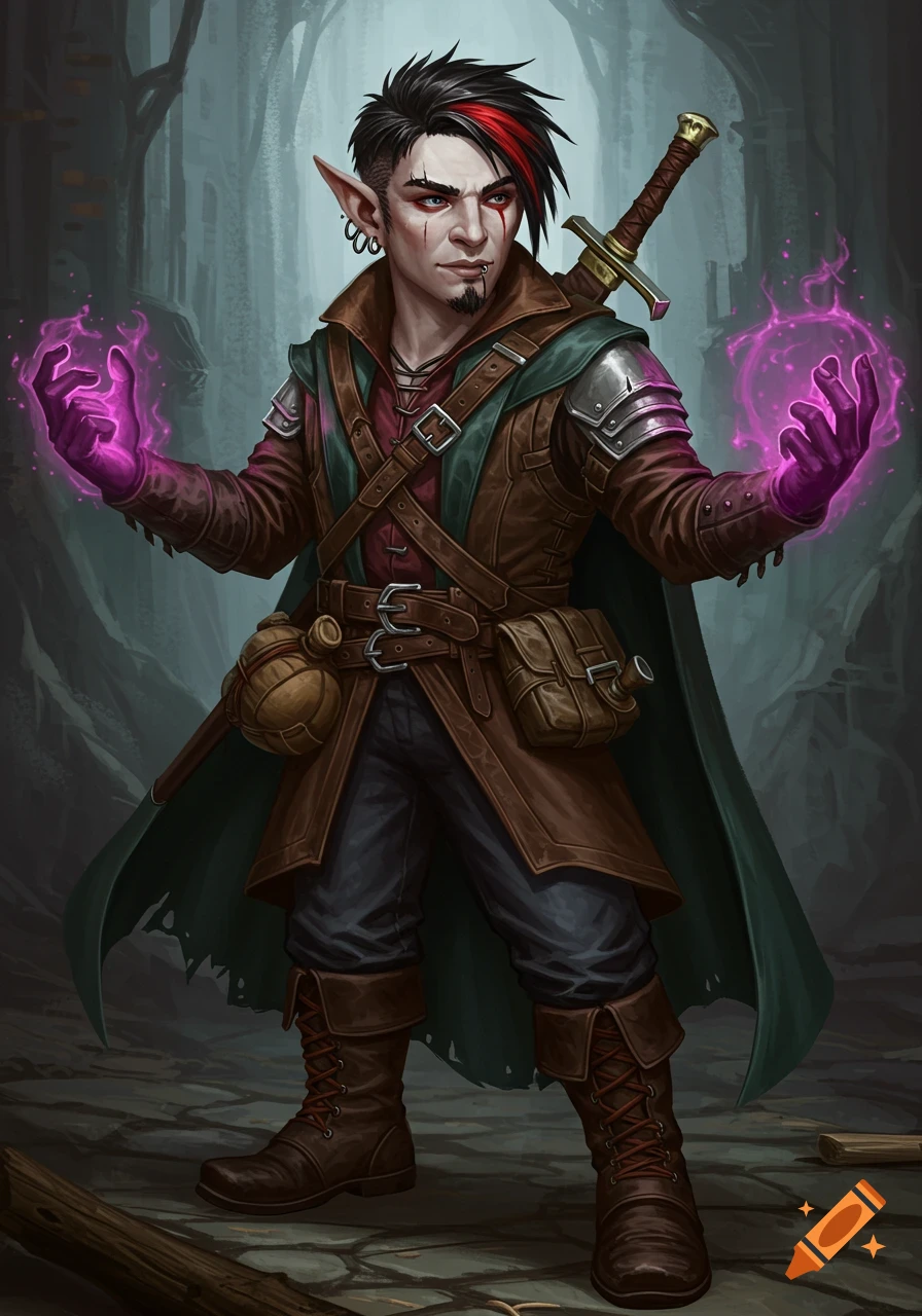 Full-body illustration of a pale-skinned forest gnome rogue with black ...