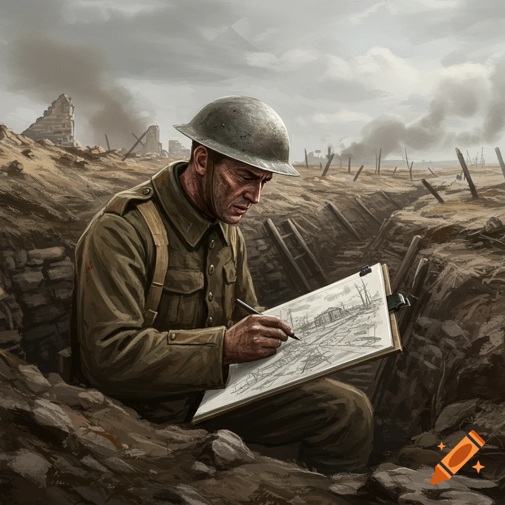 A WWI soldier in a trench drawing a battlefield landscape under a ...