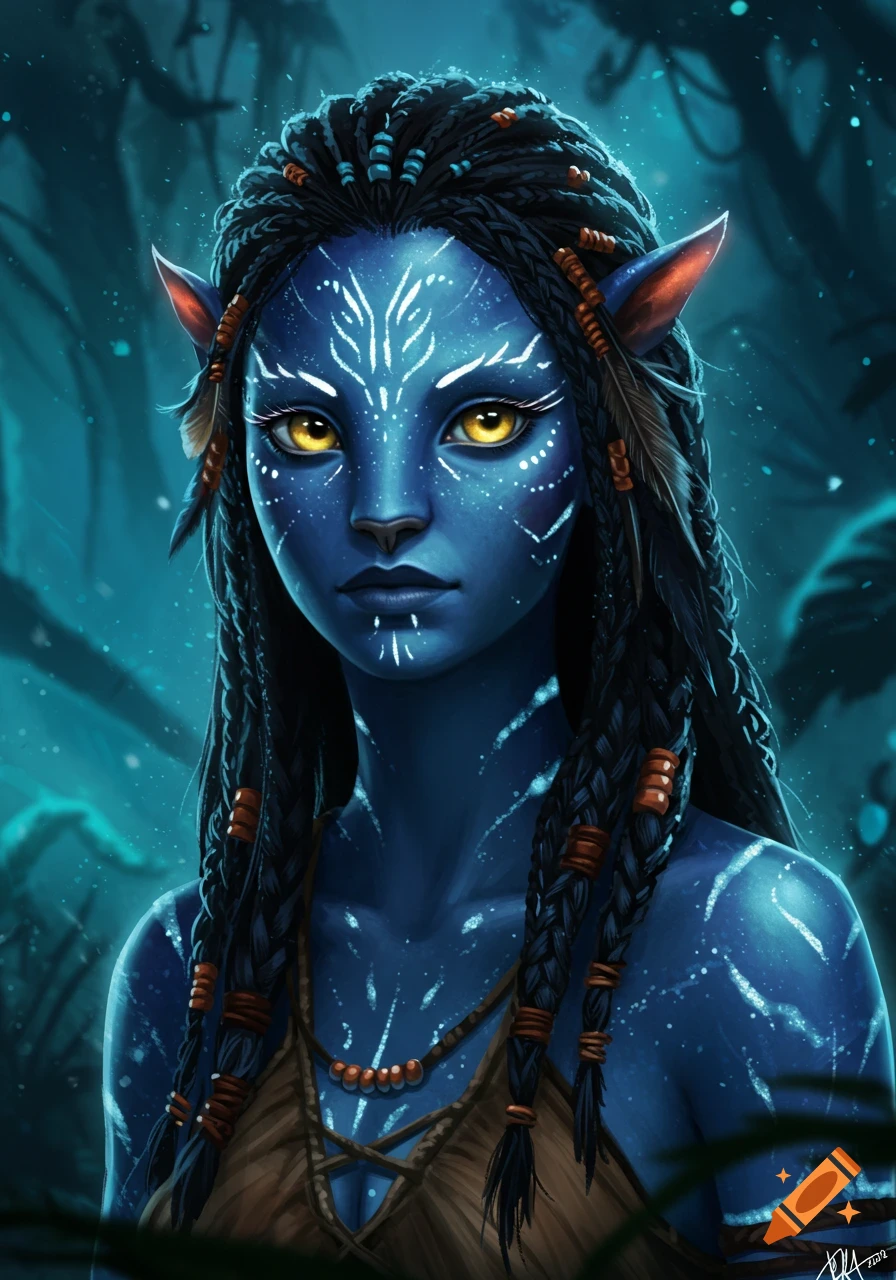 Close-up portrait of a blue-skinned alien woman with glowing patterns, golden eyes, and braided ...
