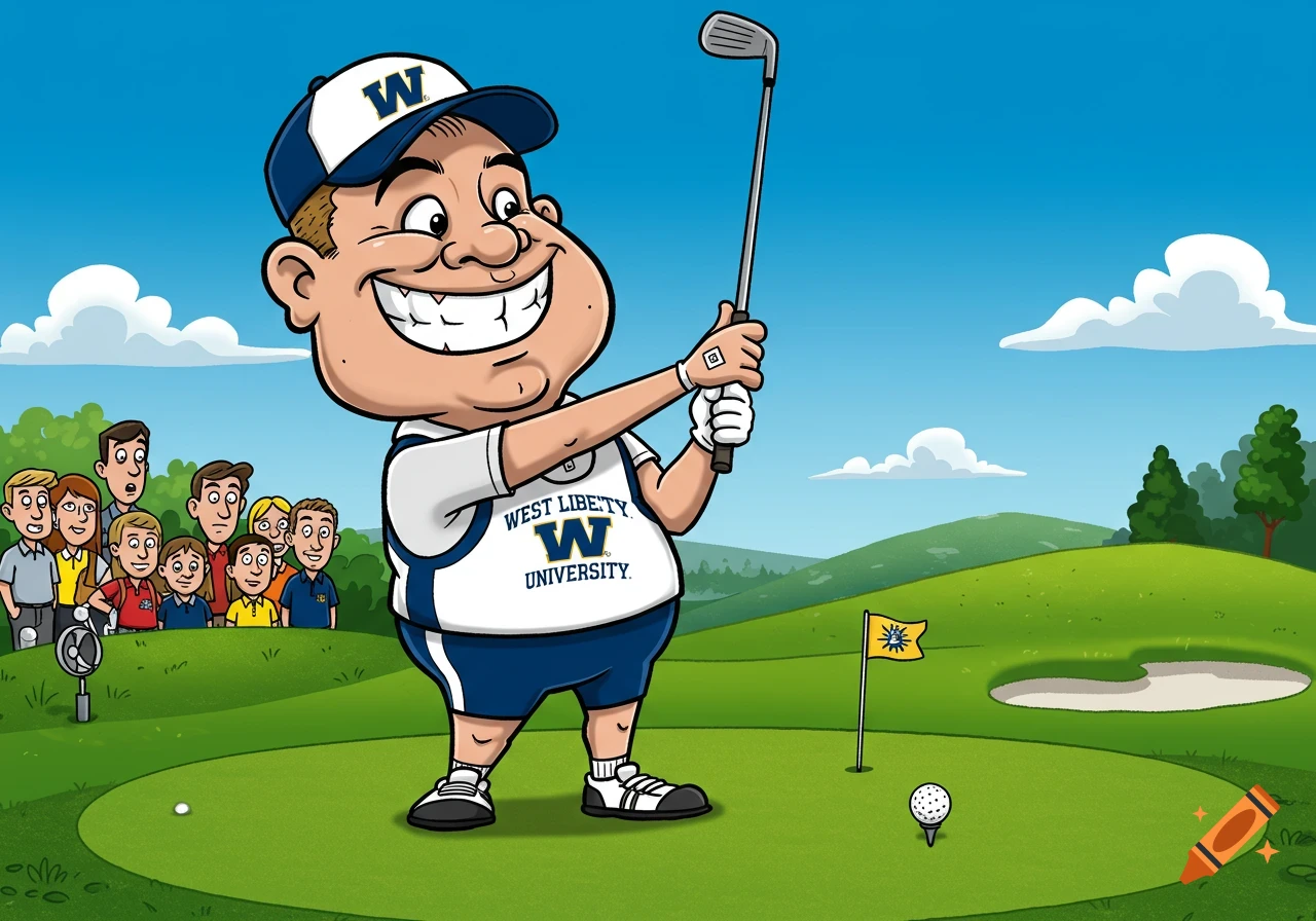 A smiling cartoon golfer in a West Liberty University singlet swings a ...