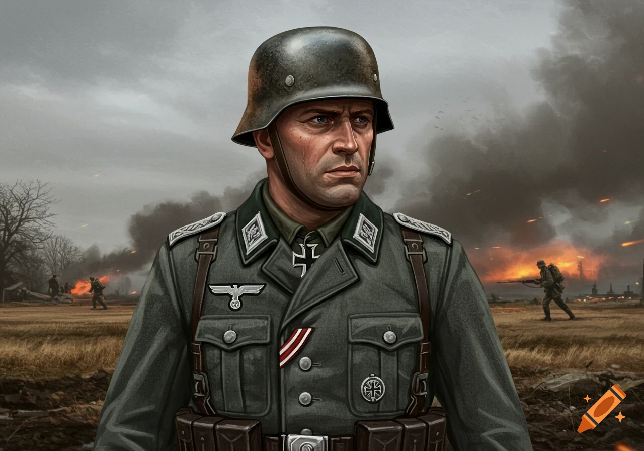 A realistic illustration of a German soldier in uniform with a helmet ...