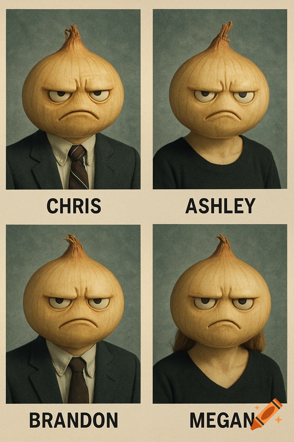 Four photorealistic yearbook photos of grumpy onion-headed high school ...