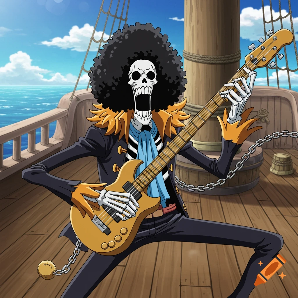 Anime character Brook, a skeleton with an afro, playing a bass guitar ...