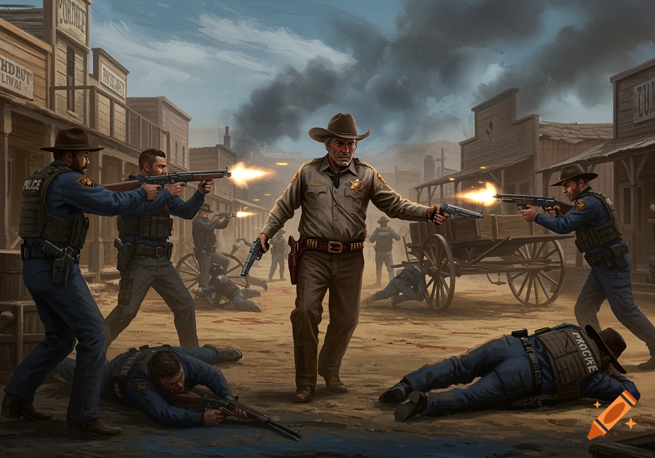 An illustration of a shootout in a dusty Old West town, with a sheriff ...
