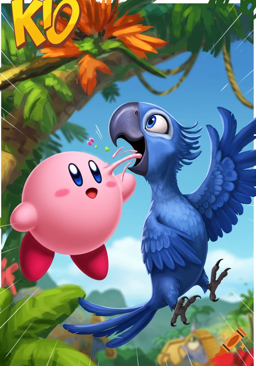 Pink Kirby inhales a surprised blue macaw, Blu from Rio, in a vibrant ...