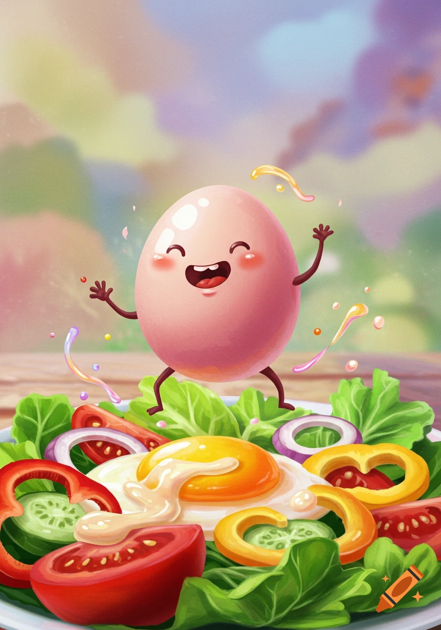 A cheerful, dancing cartoon egg stands on a vibrant salad with lettuce ...