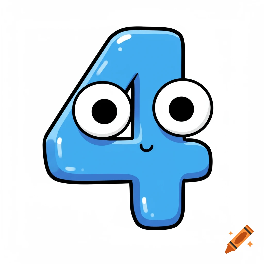 A cute blue cartoon number 4 with large googly eyes and a small smile ...