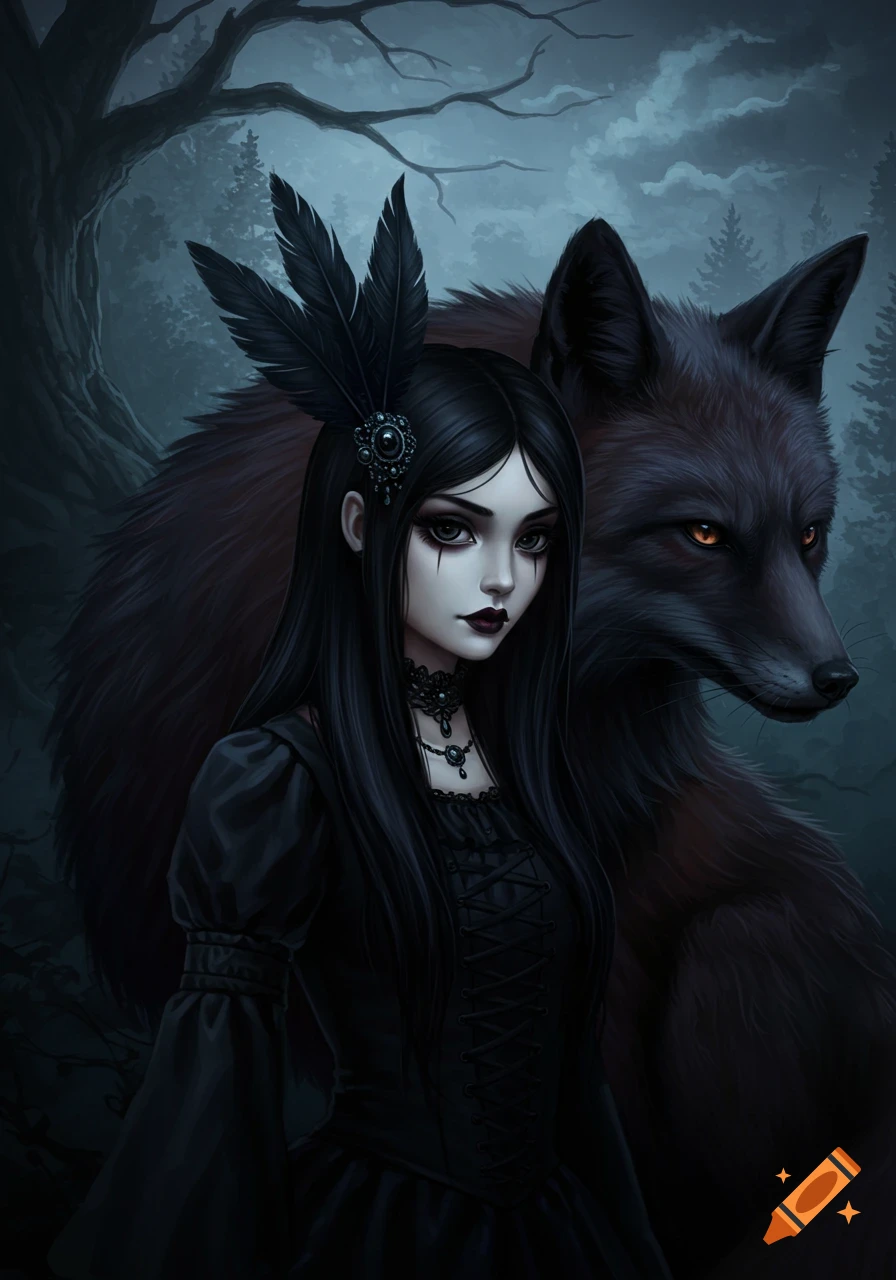 A gothic girl with long black hair and a feather accessory stands next ...