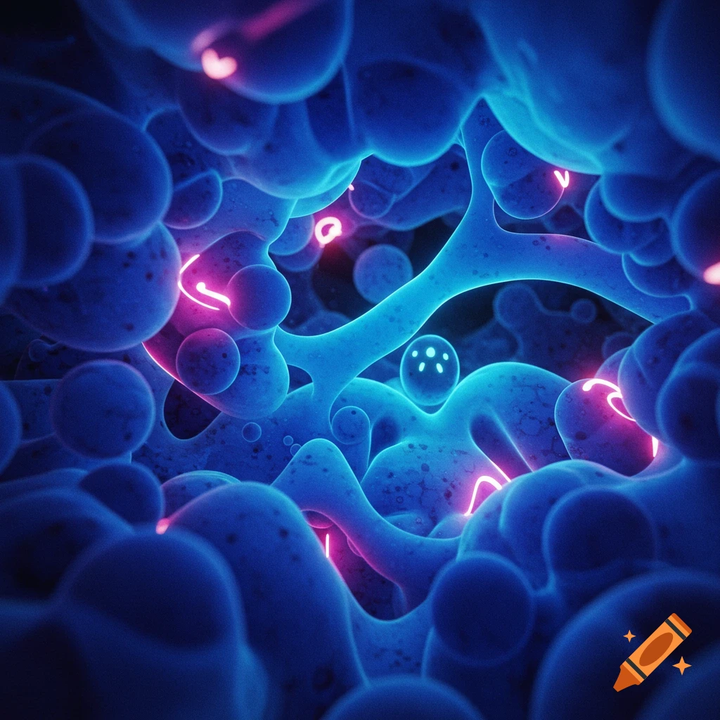 Abstract biological network of glowing blue tubes and bubbles with ...