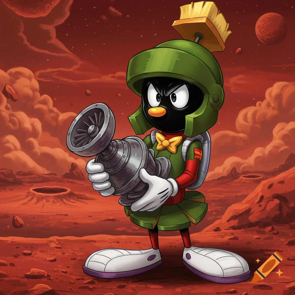 Marvin the Martian stands on a red planet holding a large, grey ...