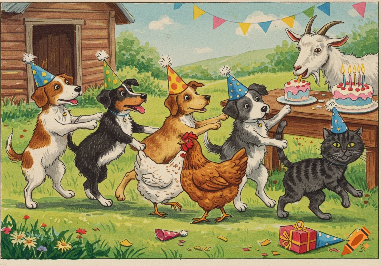 Cartoon illustration of dogs, chickens, and a cat in a conga line with ...