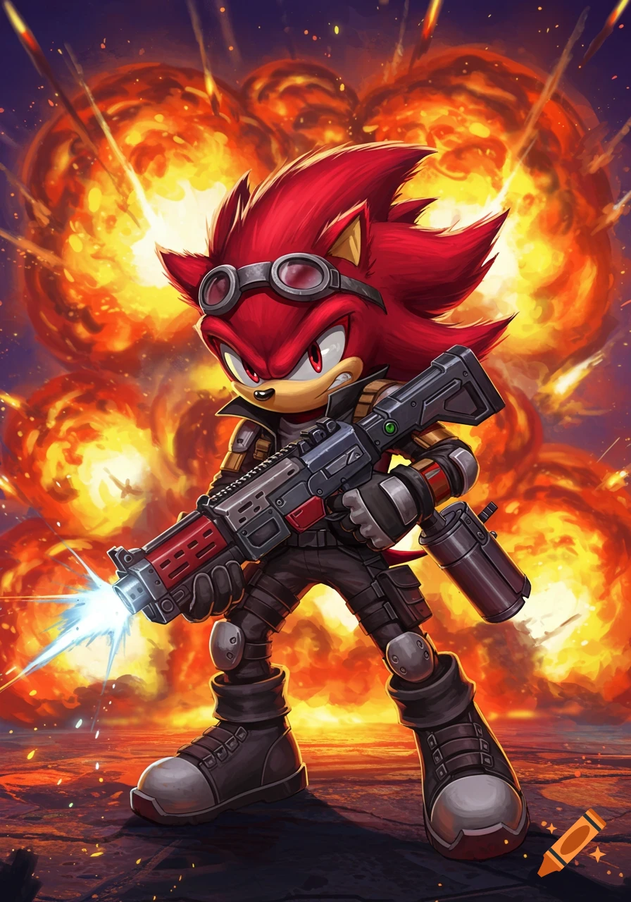 A red hedgehog character with goggles and a gun, firing a laser, stands ...