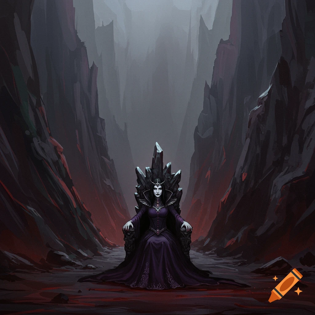 A dark queen in a purple gown sits on a jagged throne in a foreboding ...