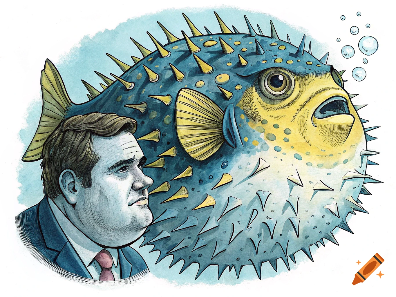 Illustration of a man's head next to a large blue and yellow pufferfish ...