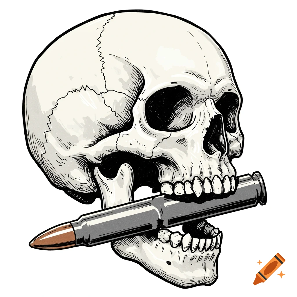 An ink illustration of a white human skull biting a metal bullet with ...